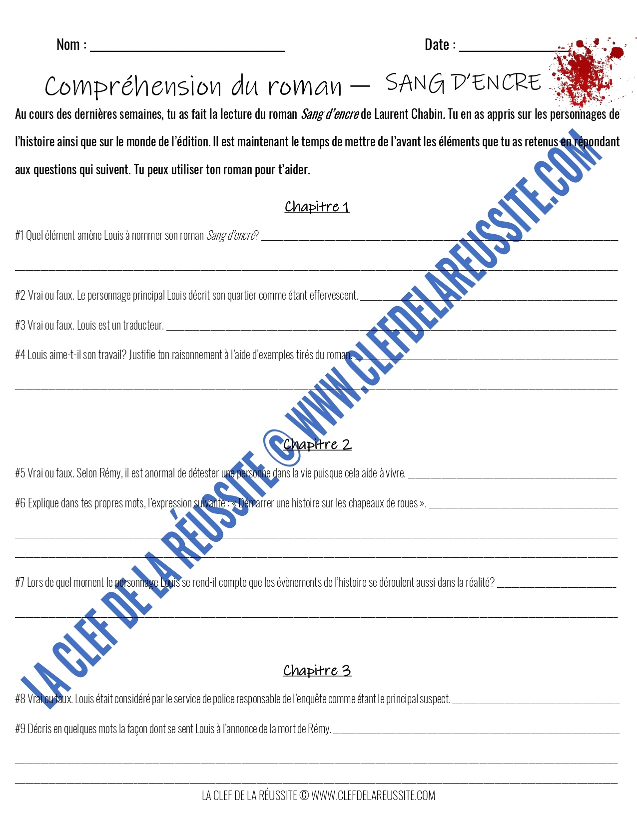 SANG D'ENCRE - COMPRÉHENSION DE LECTURE - La Clef de la Réussite
